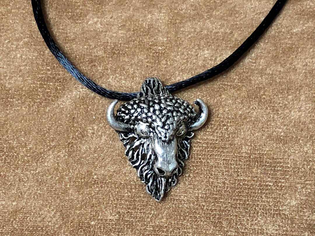 Small Silver Colored Metal Buffalo Head Pendant With Satin Cord - Etsy