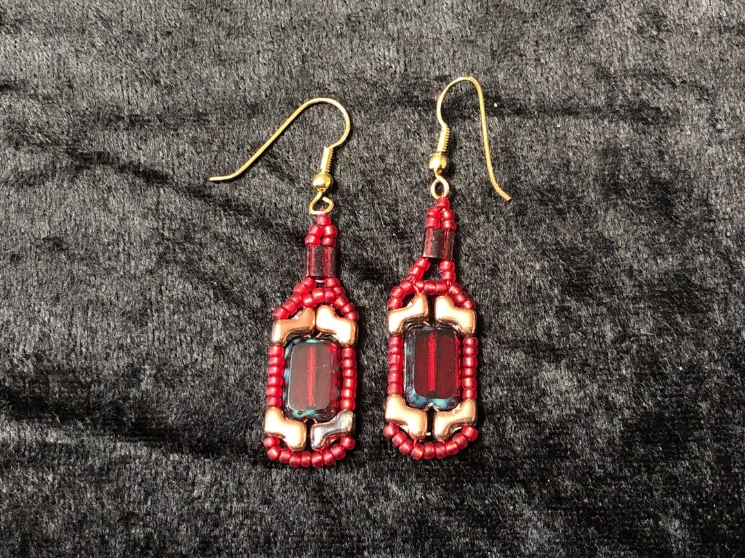 Beaded Ruby Colored Earrings With Gold Colored Ear Wires and Accent ...