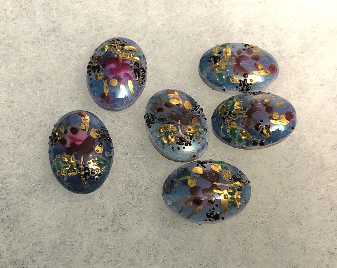 Vintage Hand Painted Floral Glass Cabochons, Metallic Frit, 18x13 Oval ...