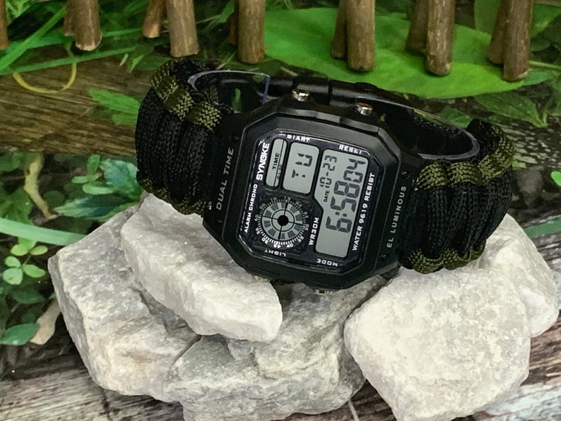 Survival Digital Watch Paracord Band Fire Starter Knife Whistle Compass ...