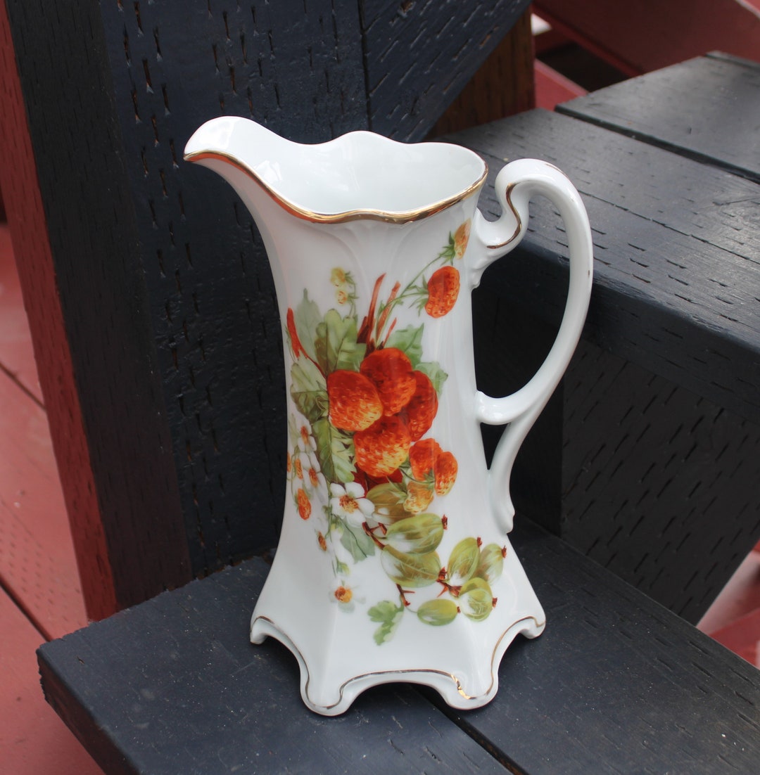 Antique, German Pitcher, Tall Pitcher, German Jug, Strawberry and ...