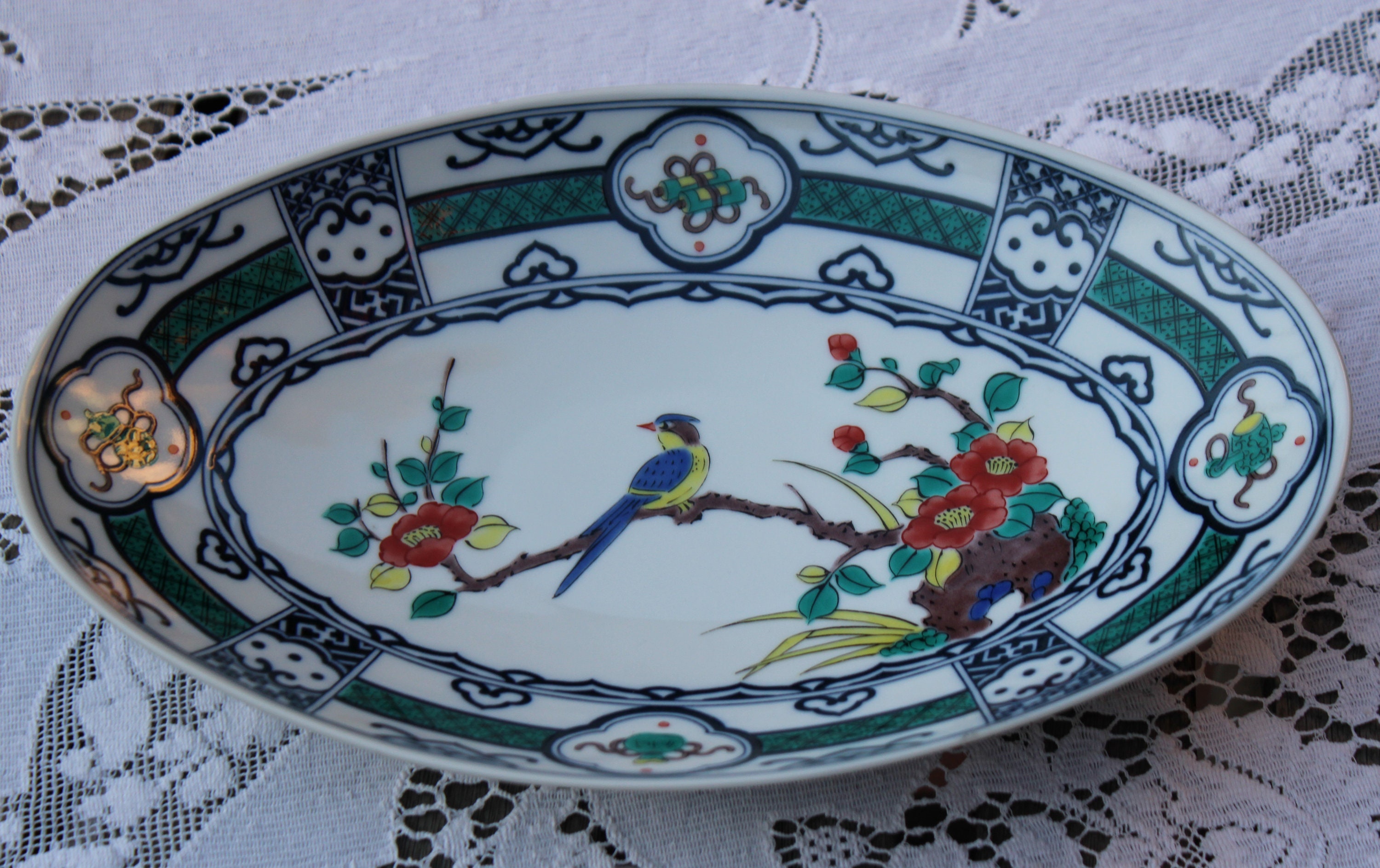 Japanese Oval Bowl, Kotobuki, Hand Painted," Bird/camellia," Porcelain ...