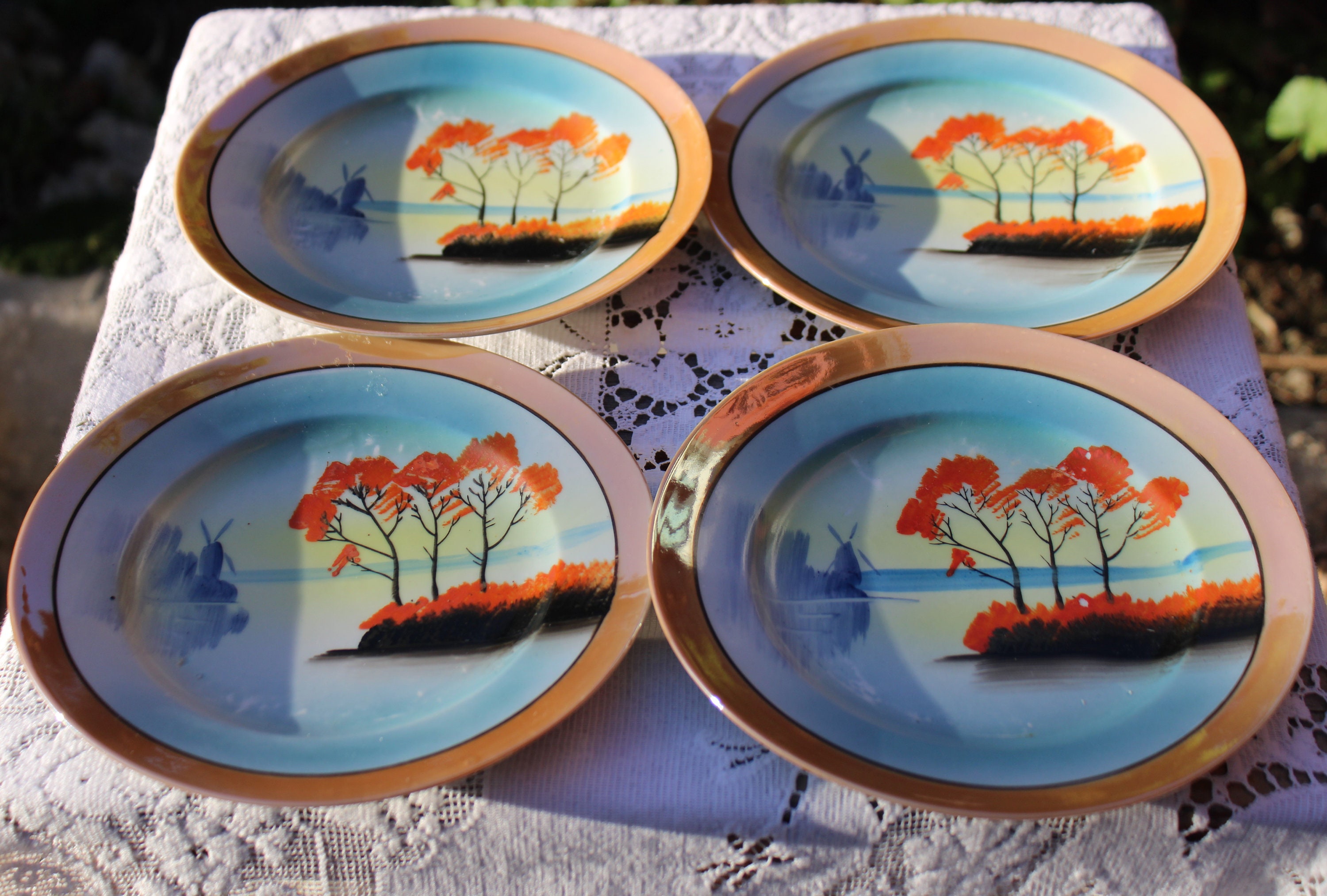 Set of 4 Takito Japanese Lusterware Plates Orange and Blue | Etsy