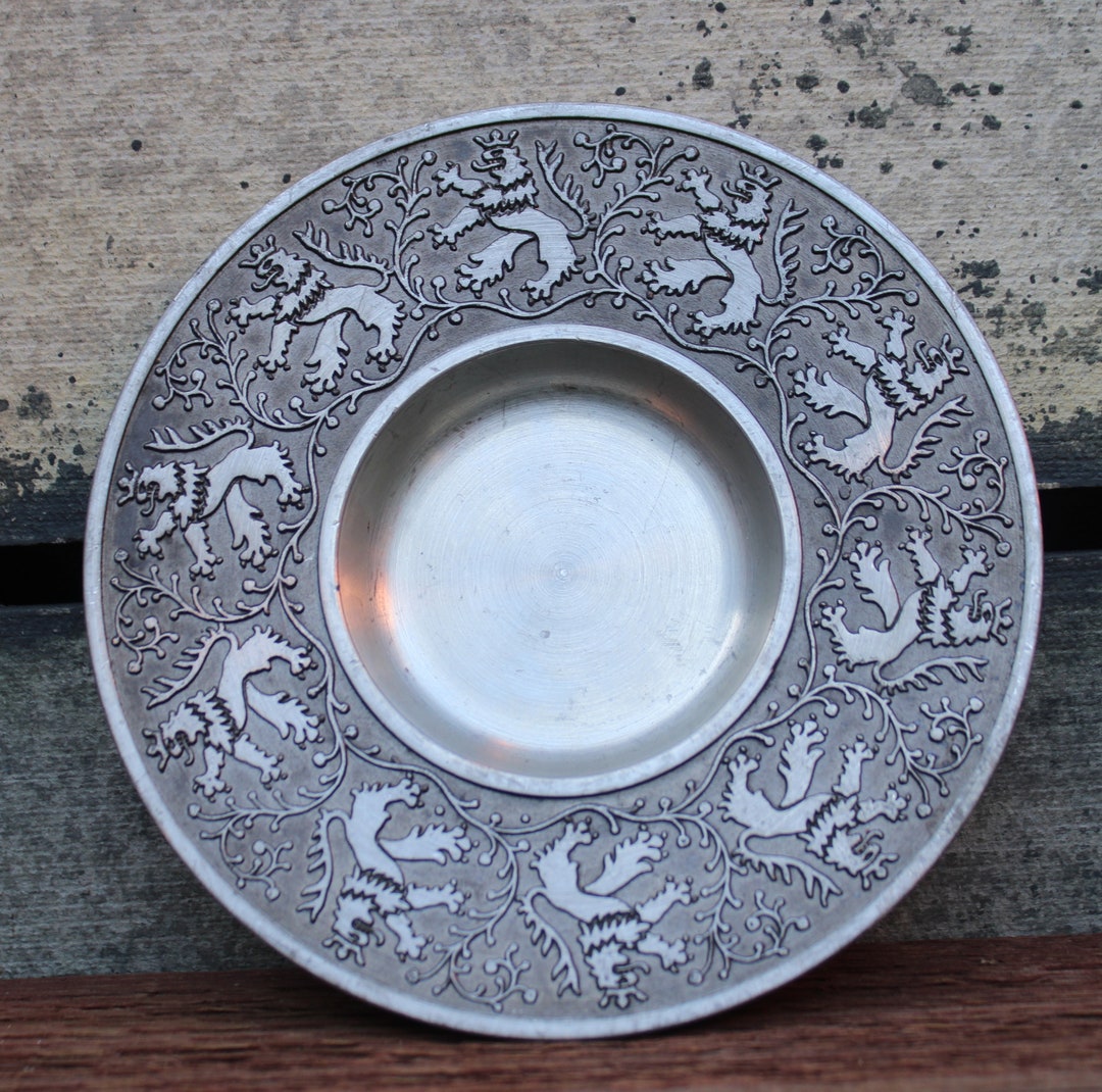 Vintage Pewter Dish," Munchen," Small Metal Dish, Crowned Lion Design ...