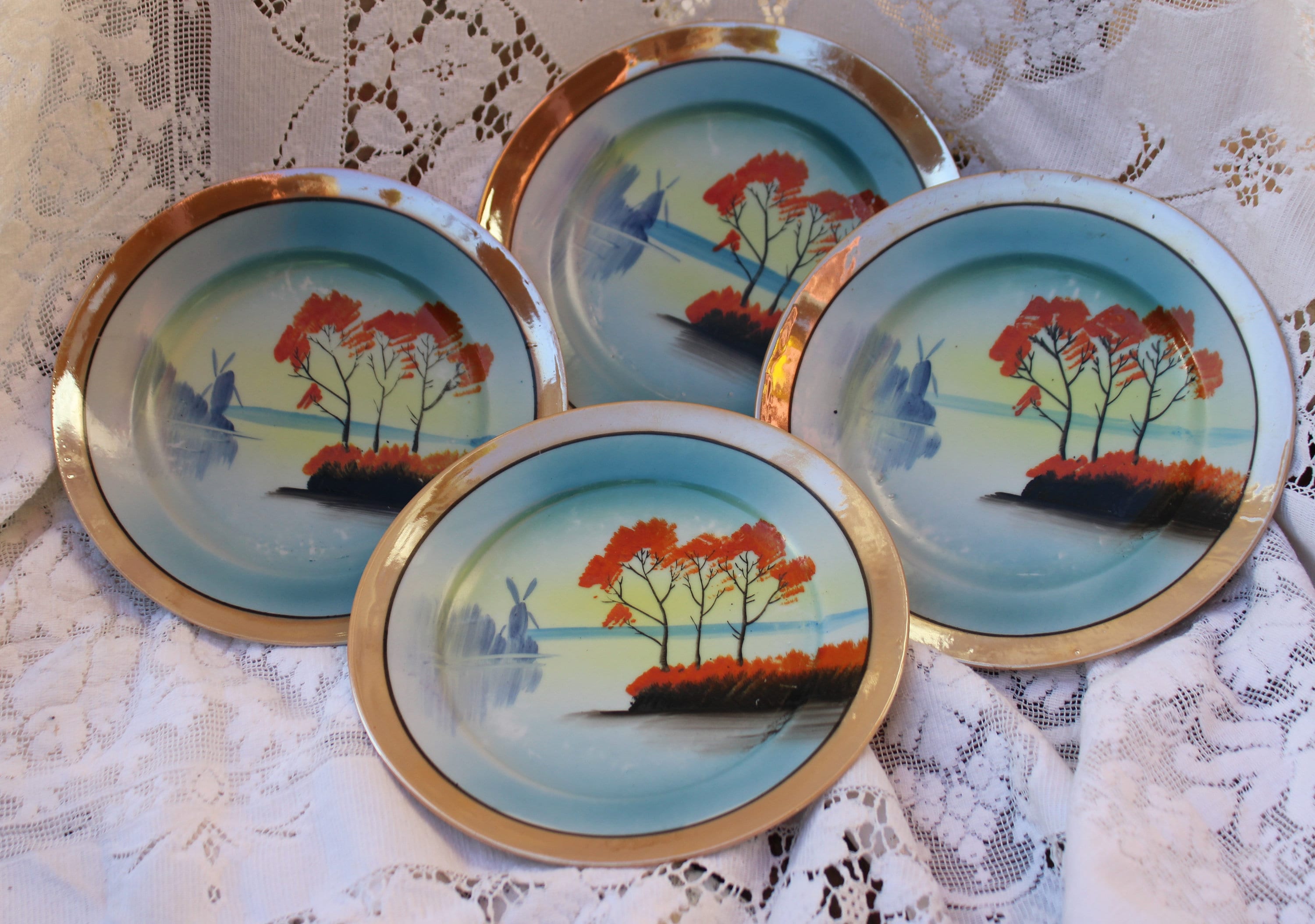 Set of 4 Takito Japanese Lusterware Plates Orange and Blue | Etsy