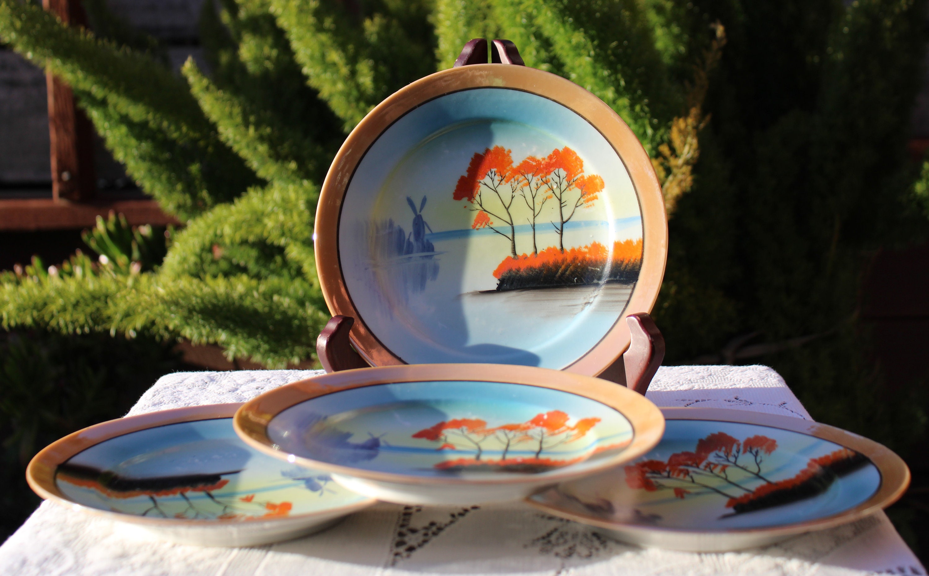 Set of 4 Takito Japanese Lusterware Plates Orange and Blue | Etsy