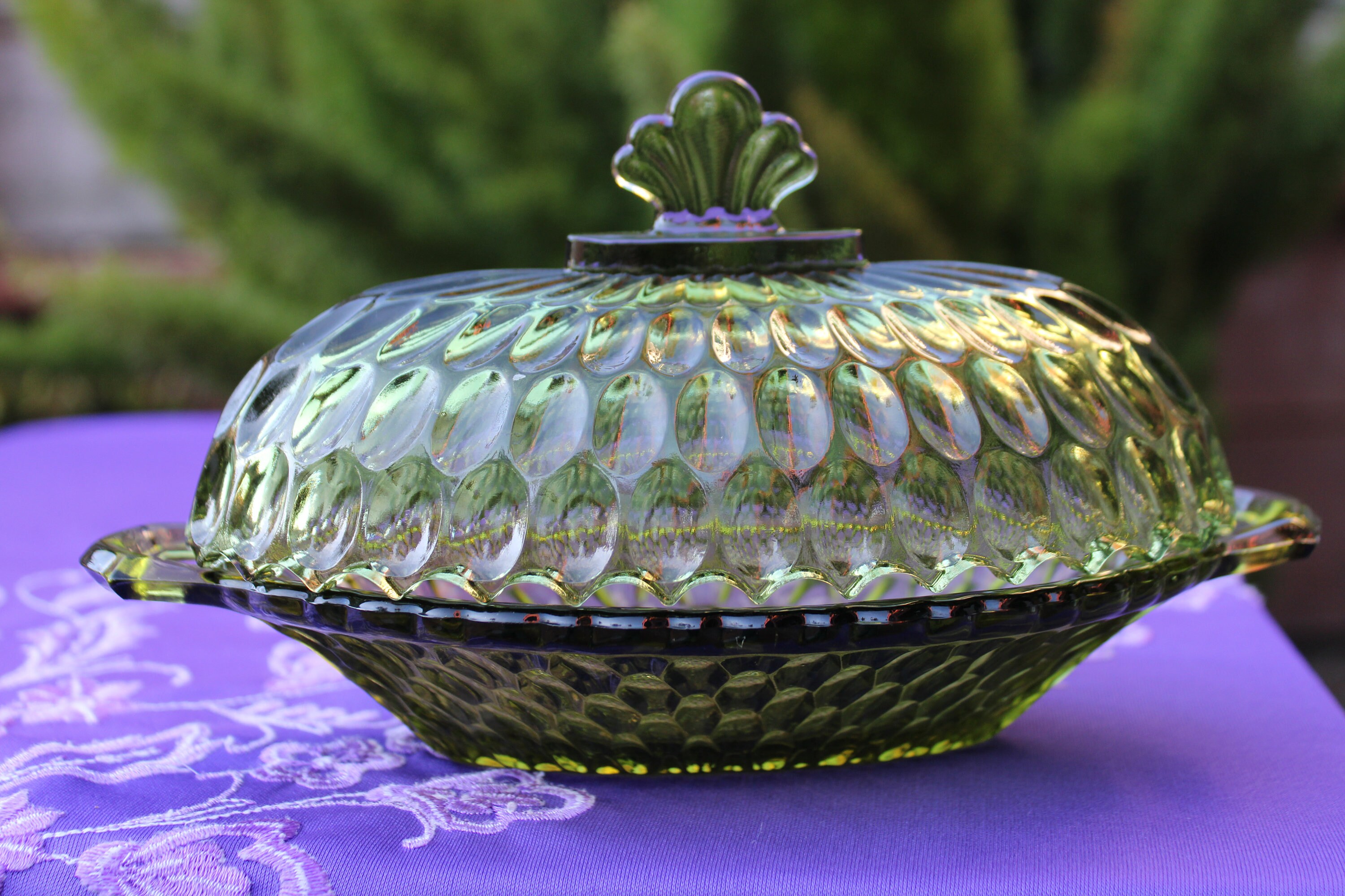 Vintage Carnival Glass Dish with Lid Olive Green Covered | Etsy