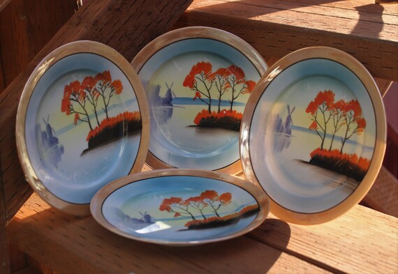 Set of 4 Takito Japanese Lusterware Plates Orange and Blue | Etsy