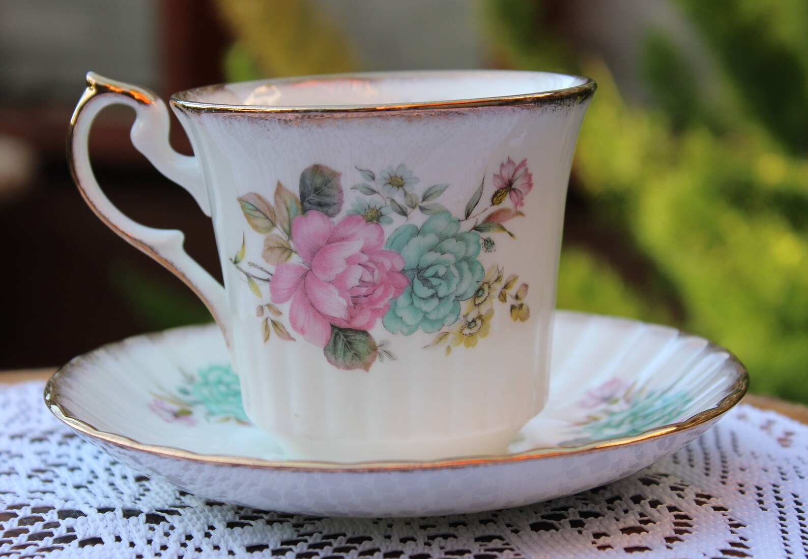 Newhall White Tall Tea Cup w Saucer Pink and Green Flowers | Etsy