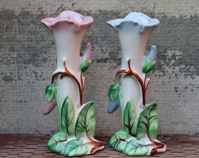 Vintage, Pair of Bud Vases, 2 Small Vases, Floral Vases, Majolica Style ...