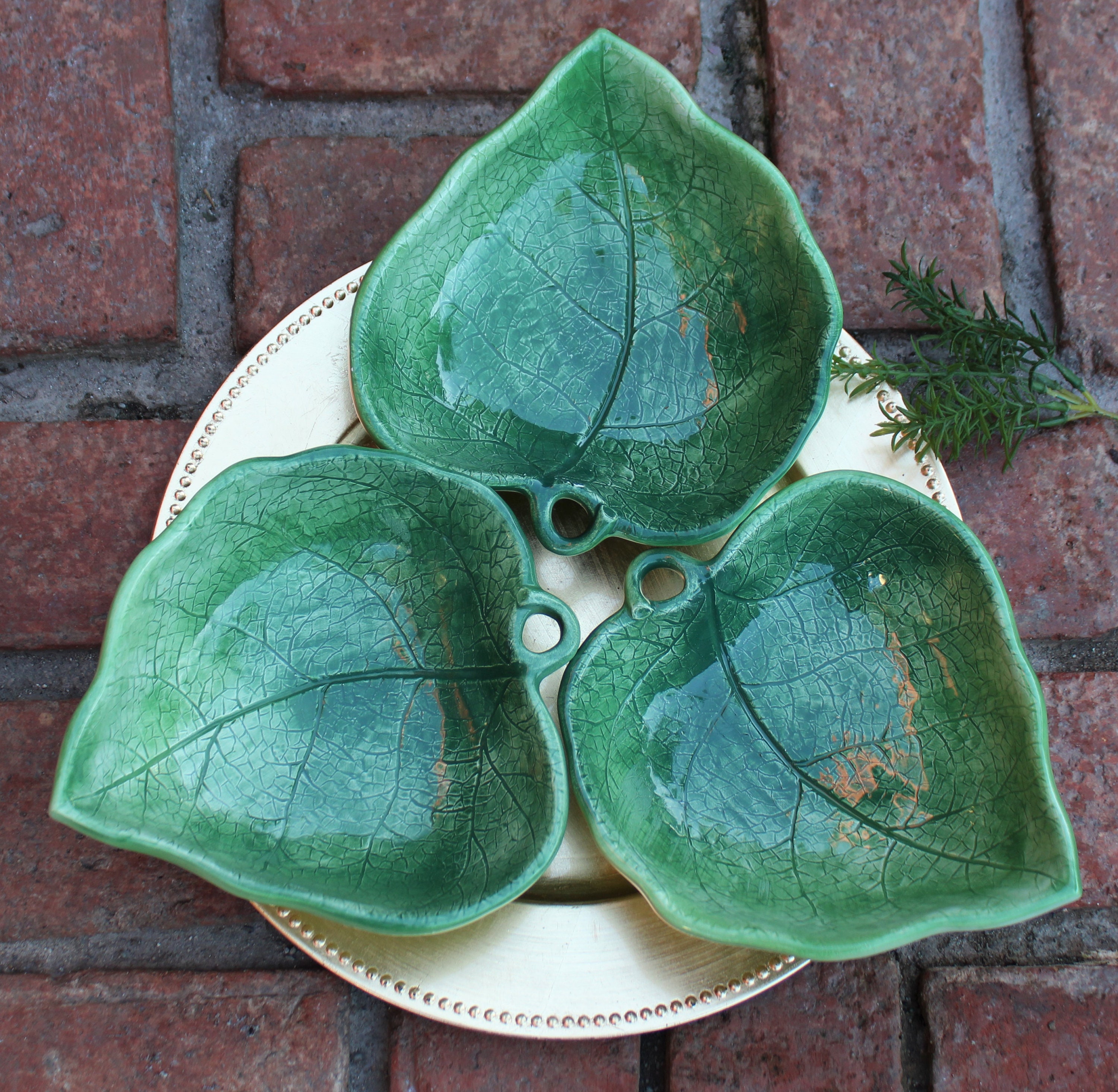 Set of 3, Vintage, Leaf Shape Bowls With Handles, Green, Majolica Style ...
