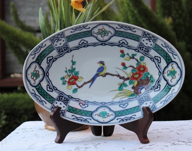 Japanese Oval Bowl, Kotobuki, Hand Painted," Bird/camellia," Porcelain ...
