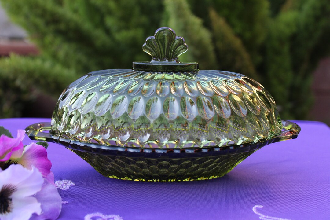 Vintage Carnival Glass, Dish With Lid, Olive Green ,covered Dish, Candy ...