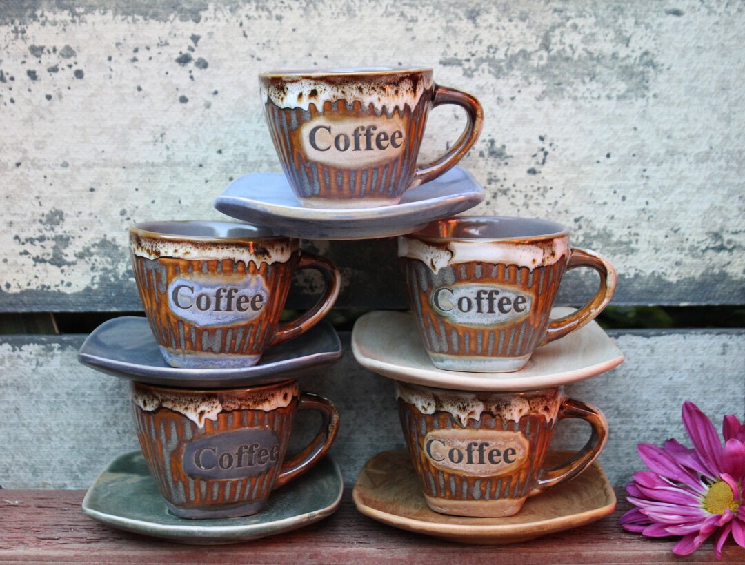 Set of 5 ,vintage "alpine Cuisine" ,espresso Cups With Saucers, Square ...