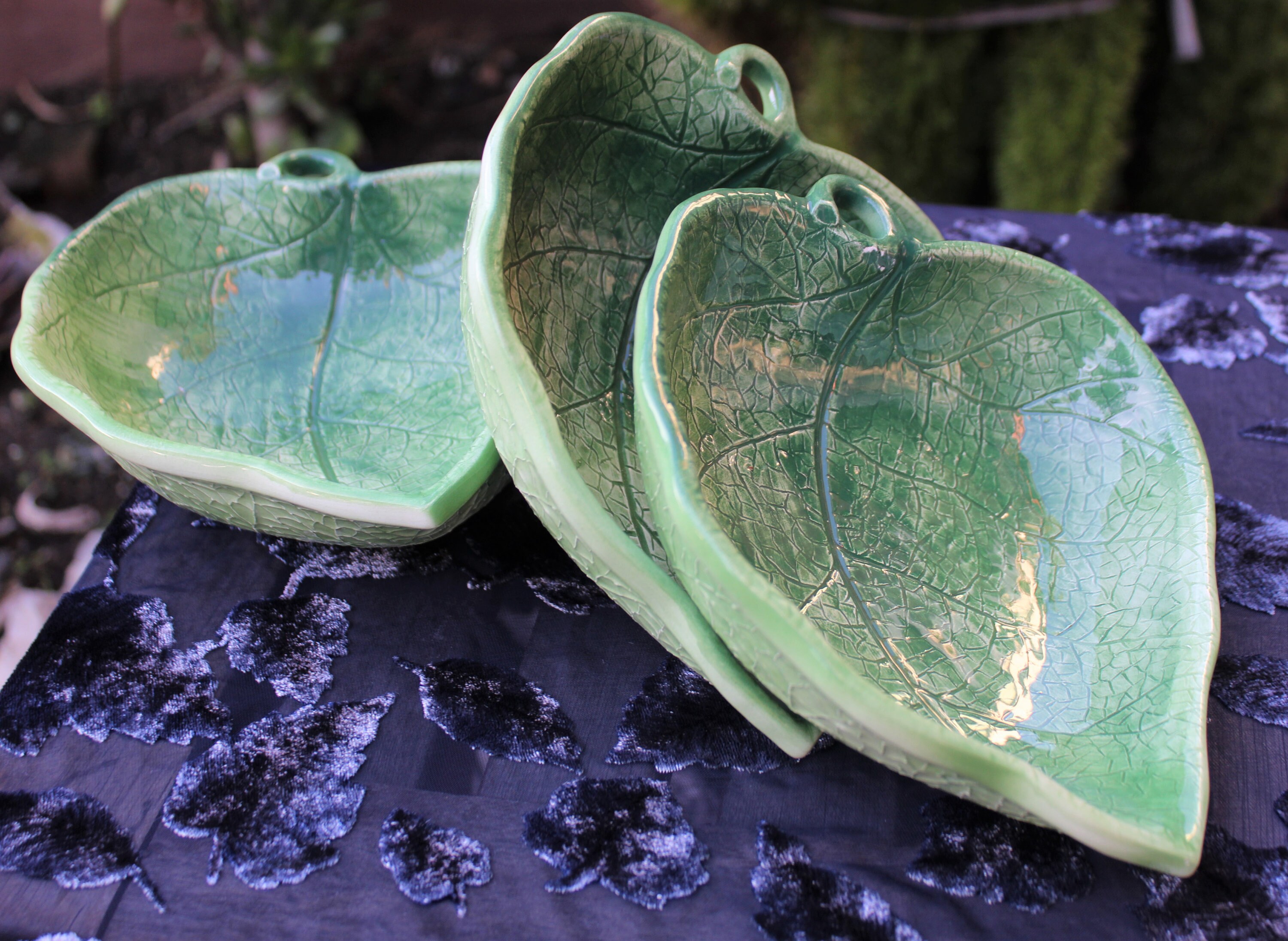 Set of 3, Vintage, Leaf Shape Bowls With Handles, Green, Majolica Style ...