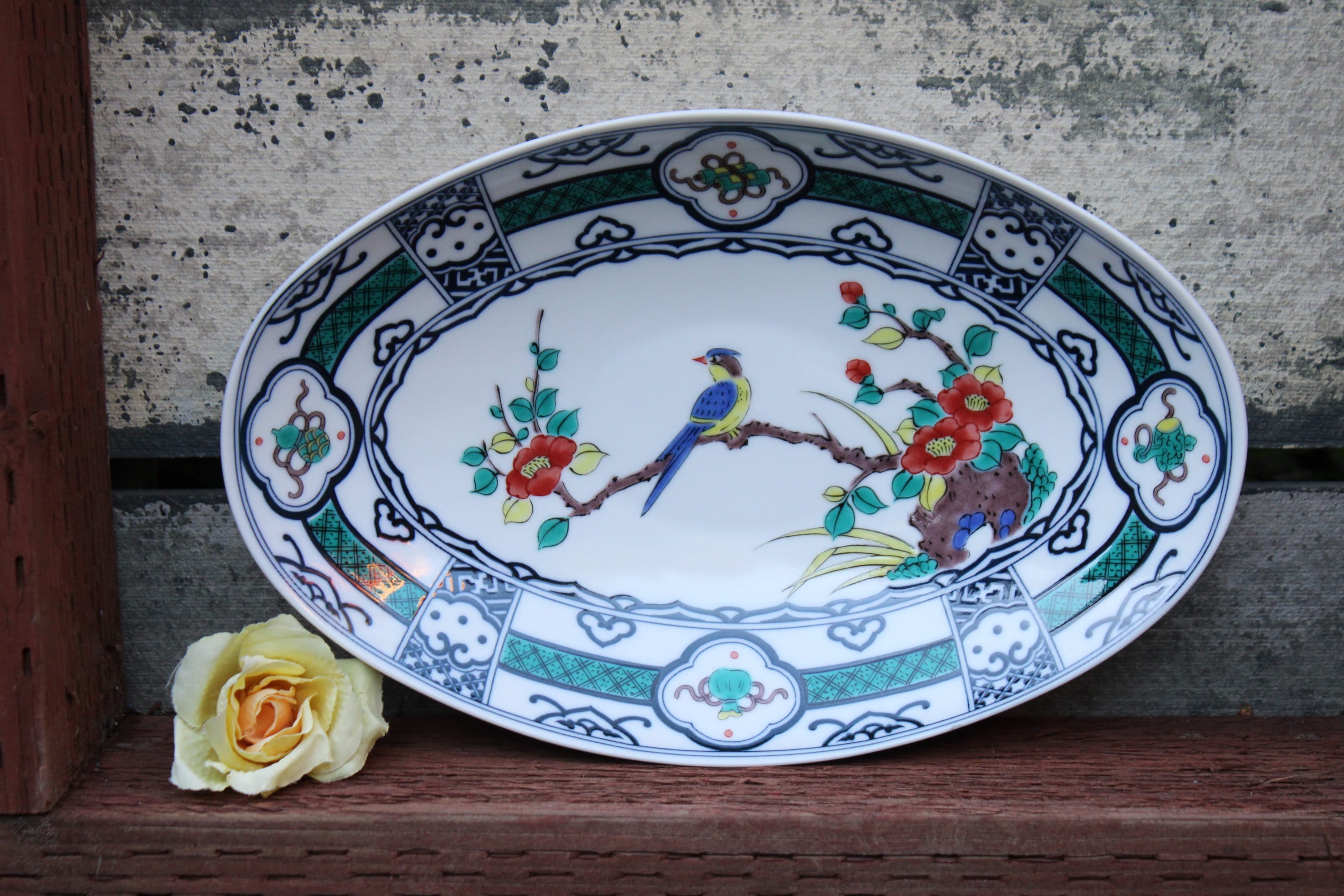 Japanese Oval Bowl, Kotobuki, Hand Painted," Bird/camellia," Porcelain ...