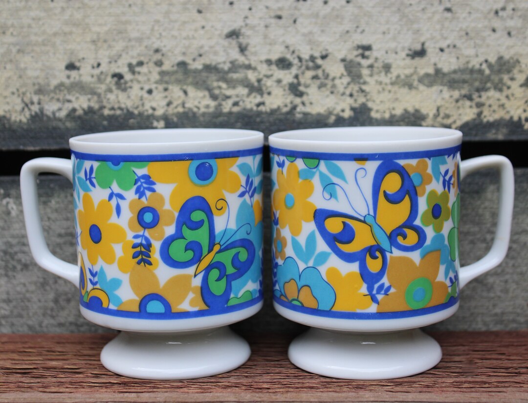Set of 2, Vintage 1970's Mugs, Butterflies and Flowers, Footed Coffee ...