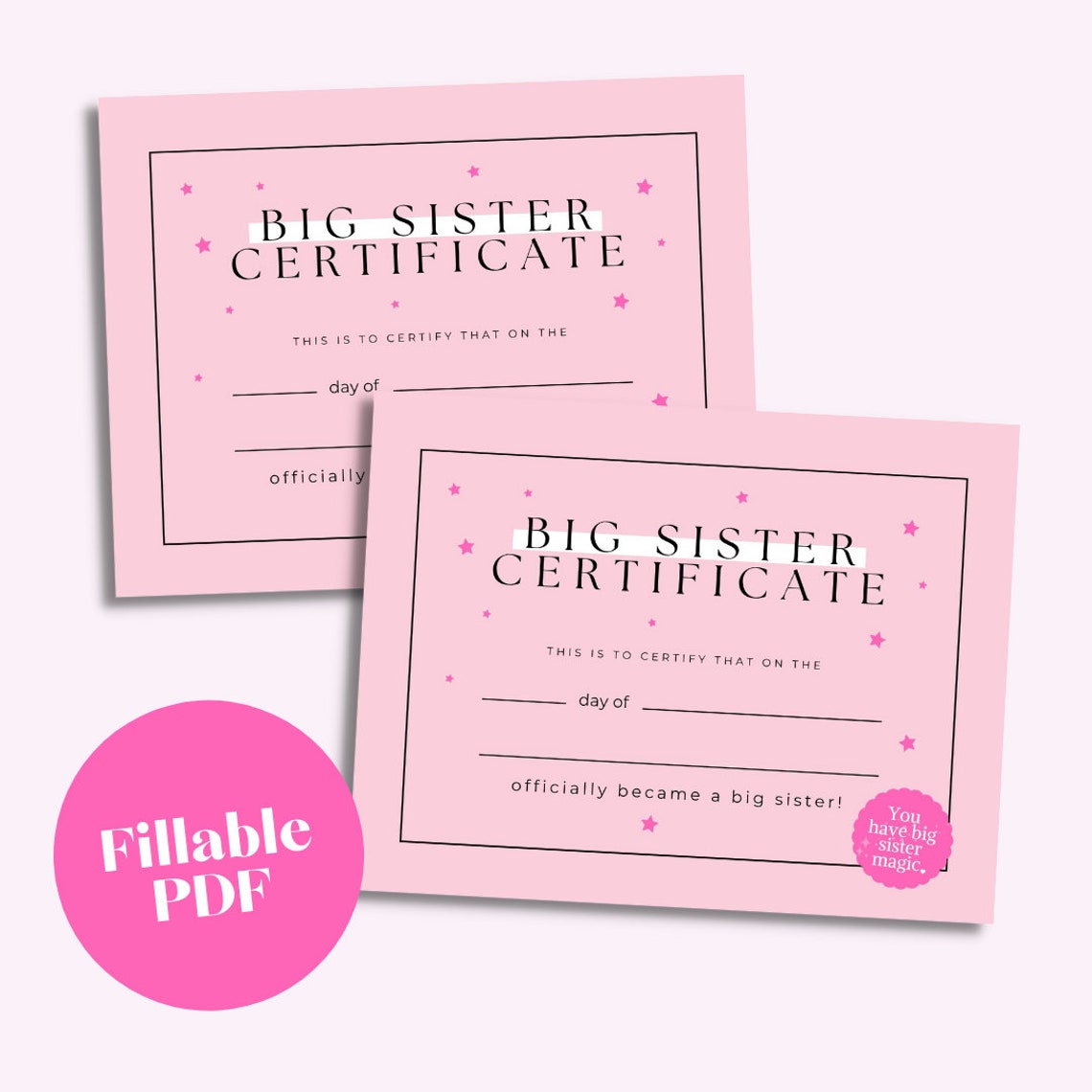 Big Sister Certificate Fillable Printable Big Sis Printable Promoted to ...