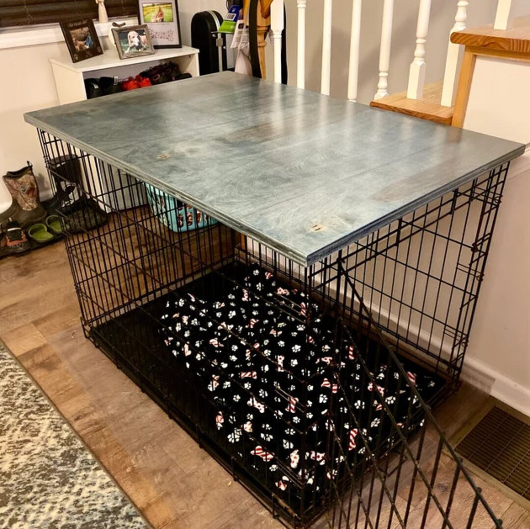 Stylish Wood Dog Crate Topper, Blue Stain - Secure Fit, Pet-safe Finish ...