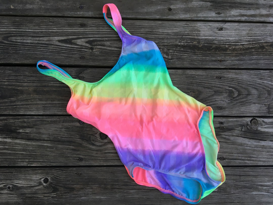 Vintage 80s/90s One Piece Swimsuit, Fluorescent Rainbow, Bright 1980s ...
