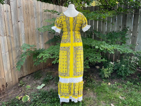 Bright Yellow 1970s Mexican Block Print Bandana Dress… - Gem