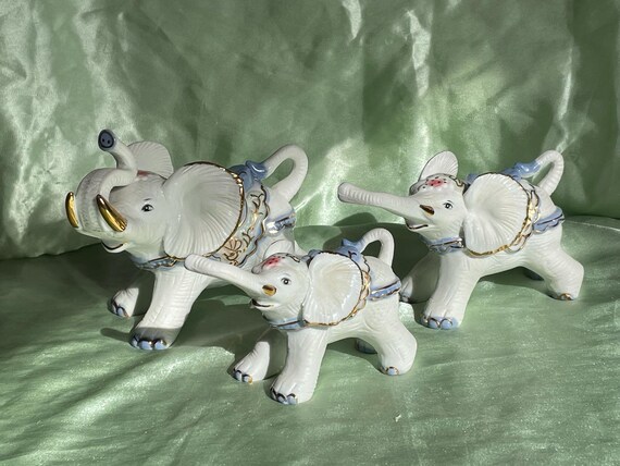 Beautiful Porcelain Elephants Set/Family of 3 Decorative | Etsy
