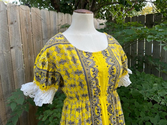 Bright Yellow 1970s Mexican Block Print Bandana Dress… - Gem