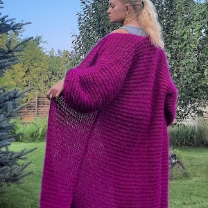Hand Knit Mohair Cardigan - Long Fuchsia Duster Coat - Oversized Chunky ...