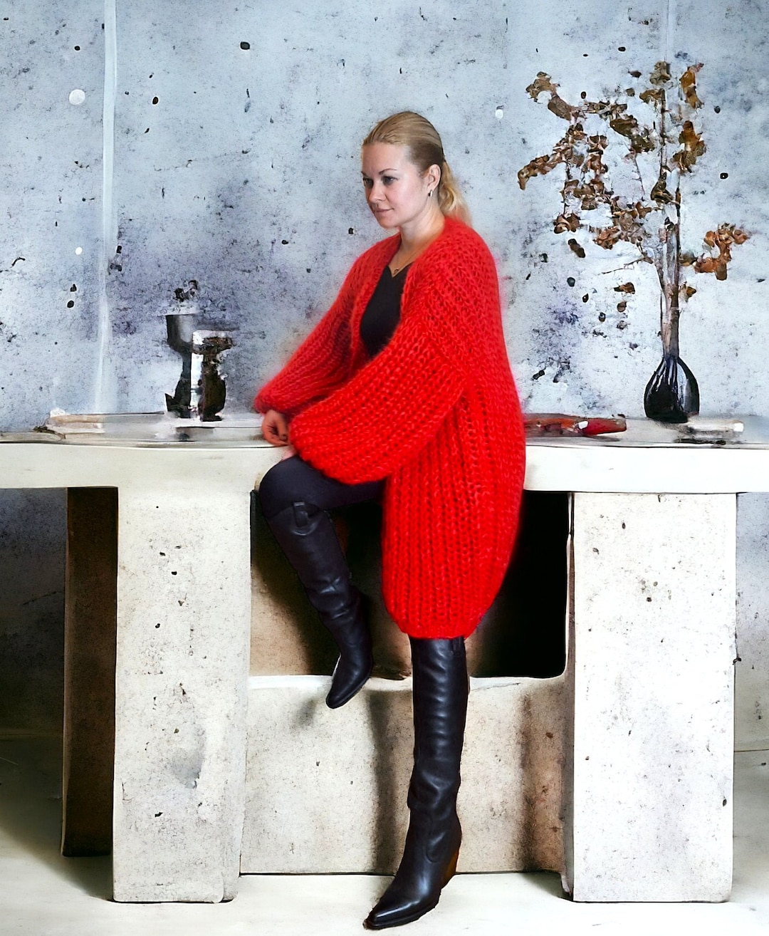 Chunky Oversized Mohair Cardigan, Mohair Red Sweater Hand Knit Coat Red ...