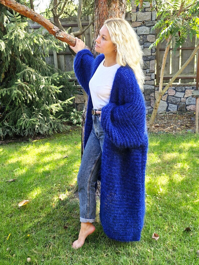 Dark Blue Mohair Maxi Cardigan, Chunky Knit Boho Long Cardi, Bohemian ...