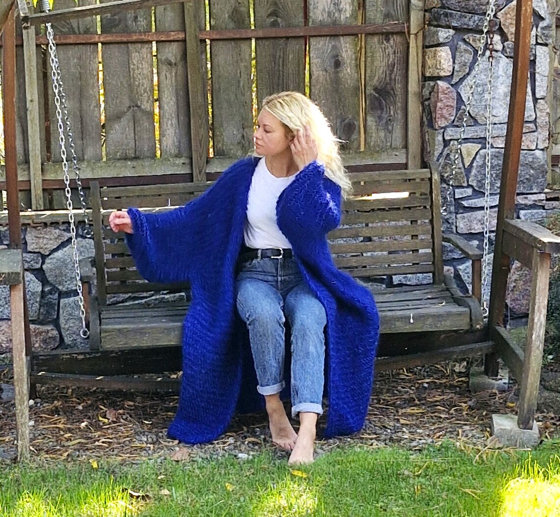 Dark Blue Mohair Maxi Cardigan Long Deep Blue Mohair Cardigan Knitted ...