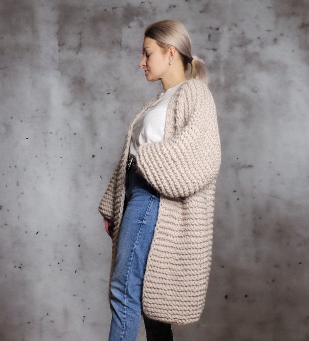 Hand Knit Beige Merino Wool Cardigan: Chunky Oversized Coat - Etsy