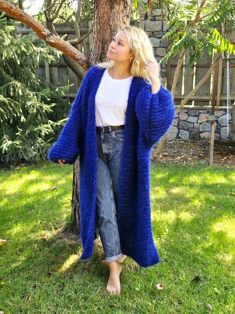 Dark Blue Mohair Maxi Cardigan, Chunky Knit Boho Long Cardi, Bohemian ...