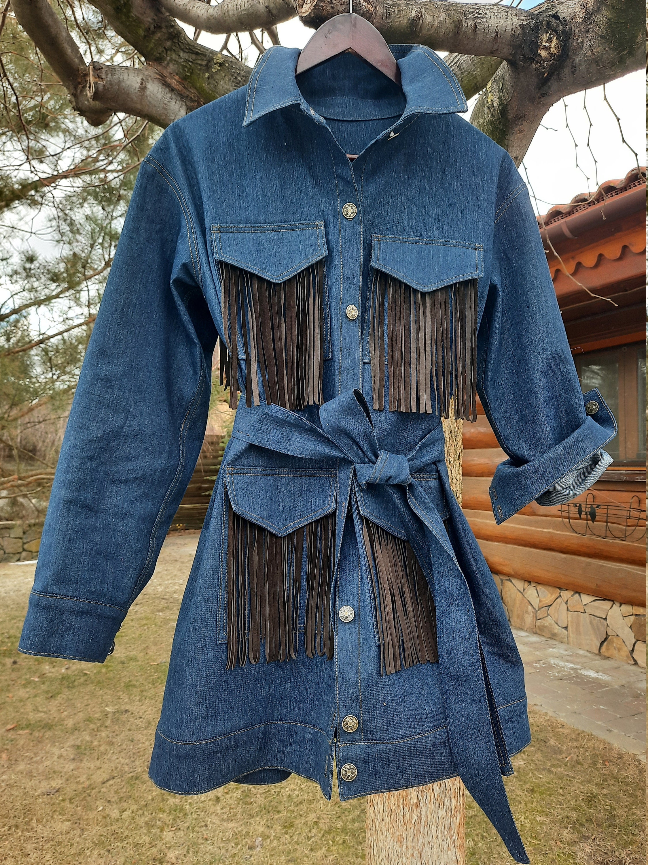 Denim Fringed Jacket, Boho Dark Blue Denim Jacket With Suede Fringe ...