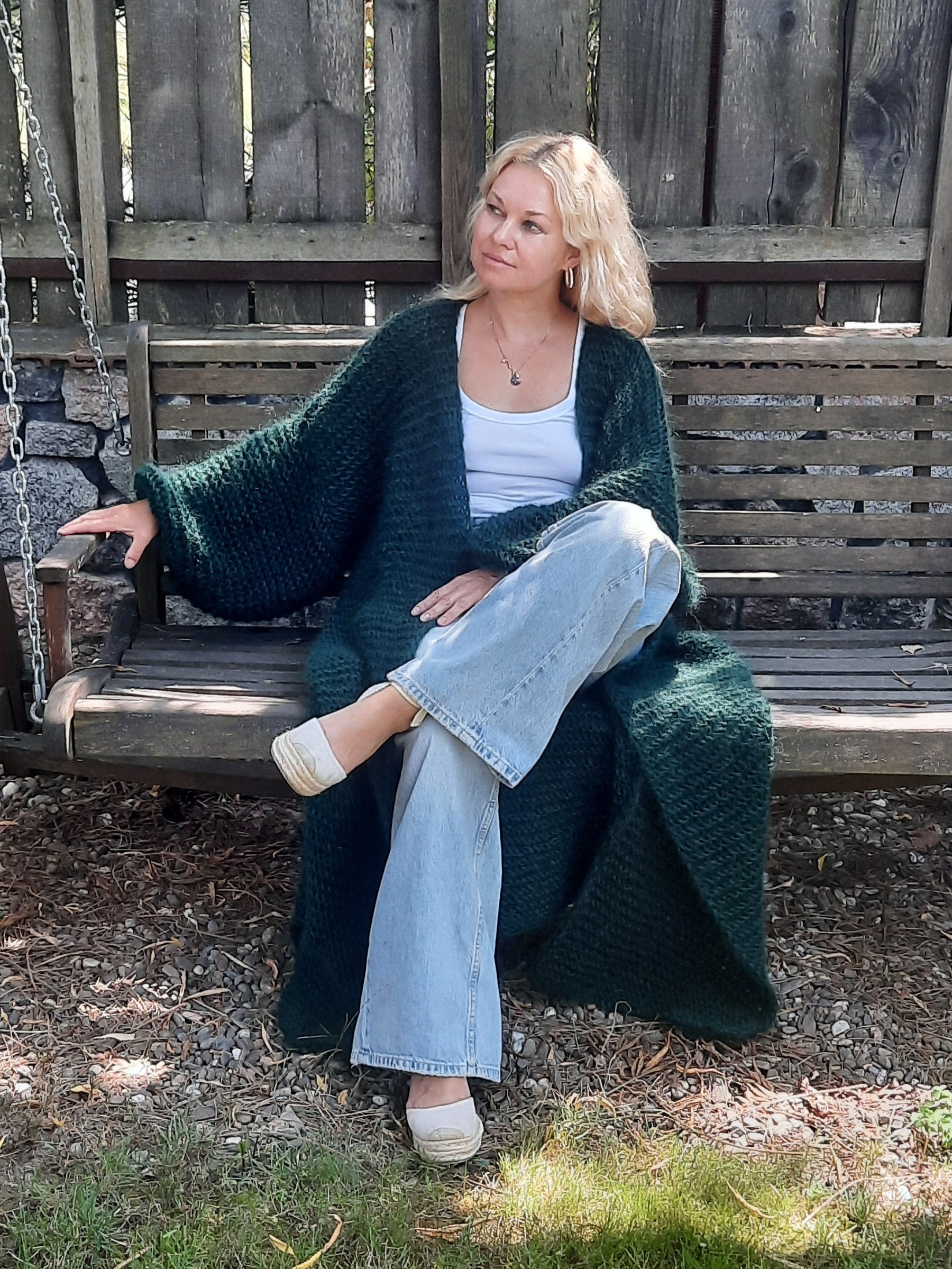 Hand Knit Mohair Maxi Cardigan - Long Green Boho Wool Cardi - Etsy