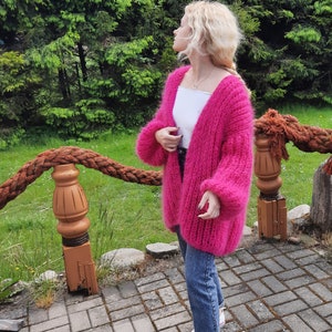 Soft Cozy Mohair Oversized Cardigan, Mohair Fuchsia Cardigan, Pink ...