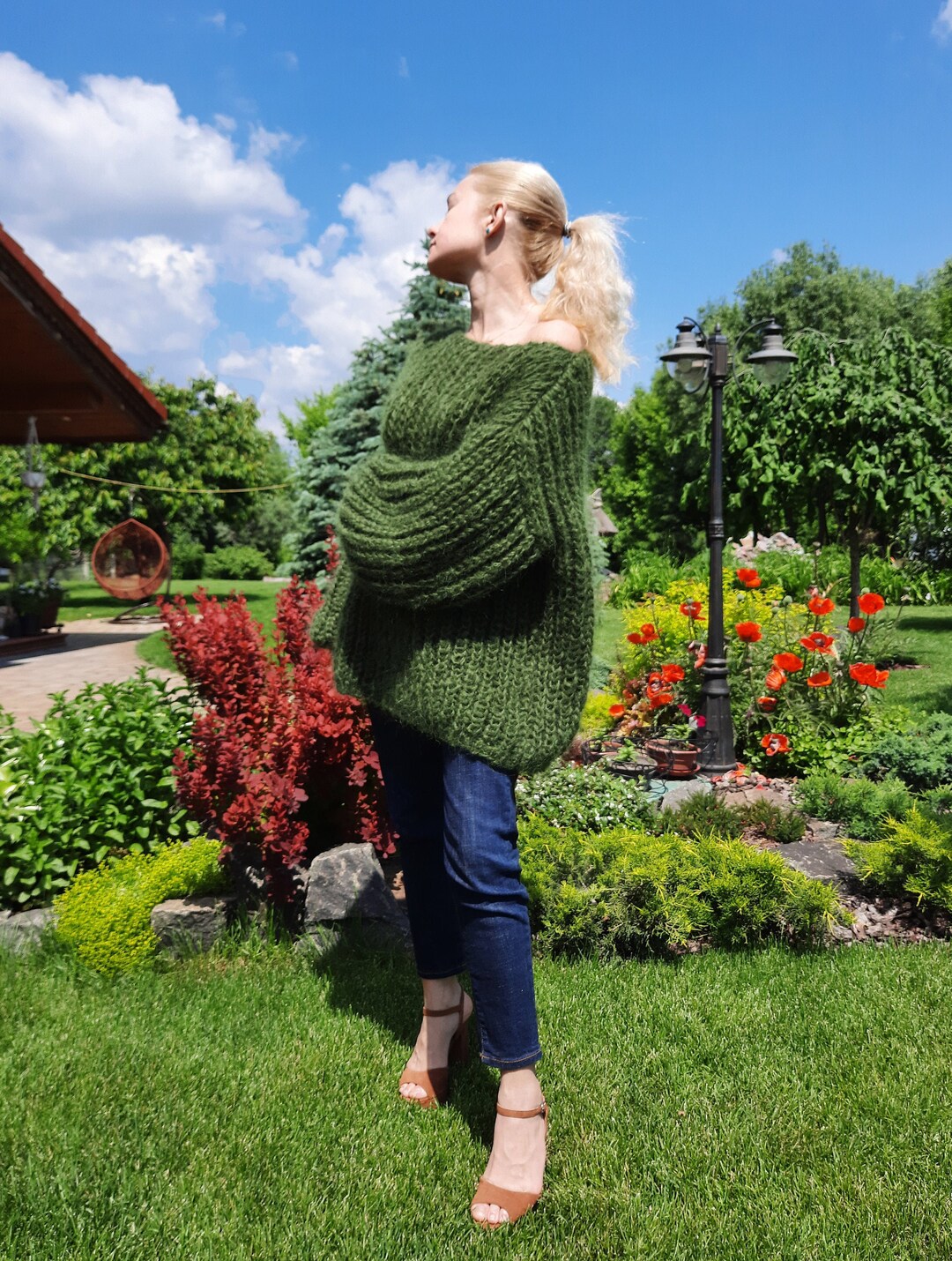 Hand Knitted Green Mohair Sweater, Chunky Fluffy Wool - Etsy