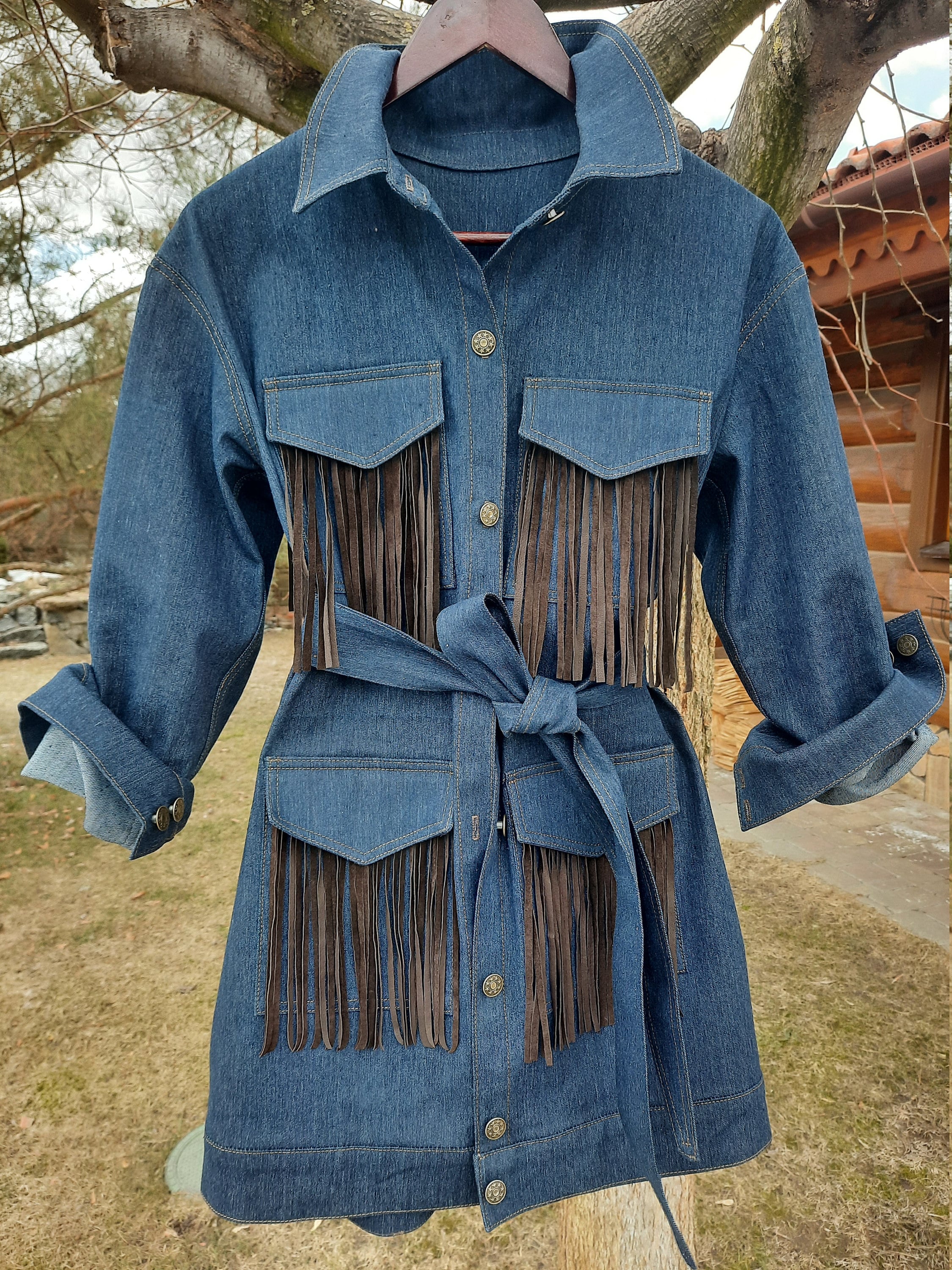 Denim Fringed Jacket Boho Dark Blue Denim Jacket With Suede - Etsy