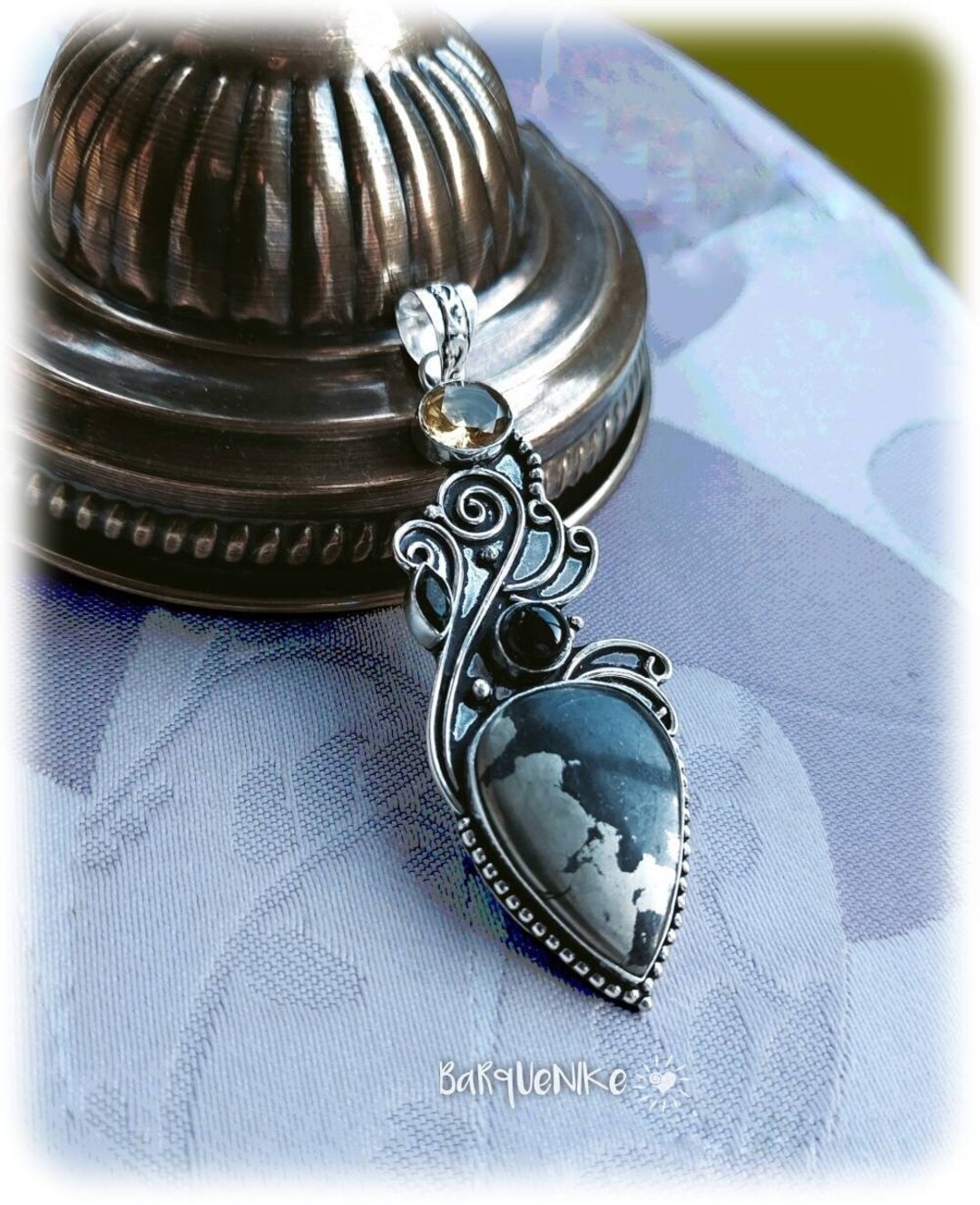 Large Multi Gemstone Pendant. Pyrite, Black Onyx, Citrine, 925 Sterling ...