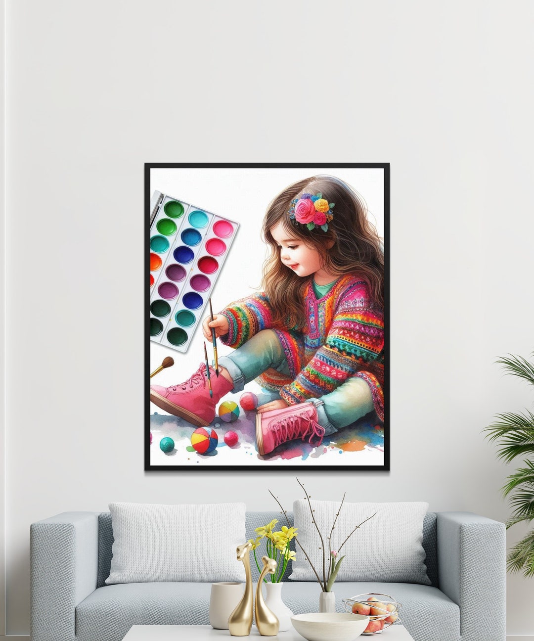 Colorful Watercolor Painting, Young Girl With Paint Set, Floral ...