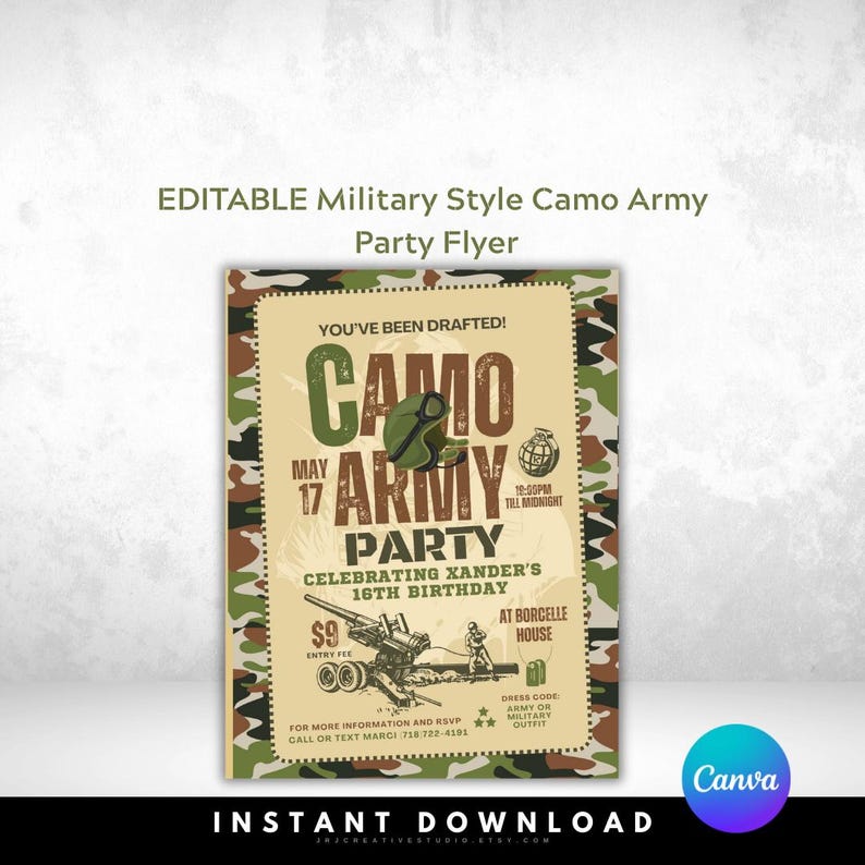 Editable Camo Birthday Party Invitation, Military Army Flyer (digital ...