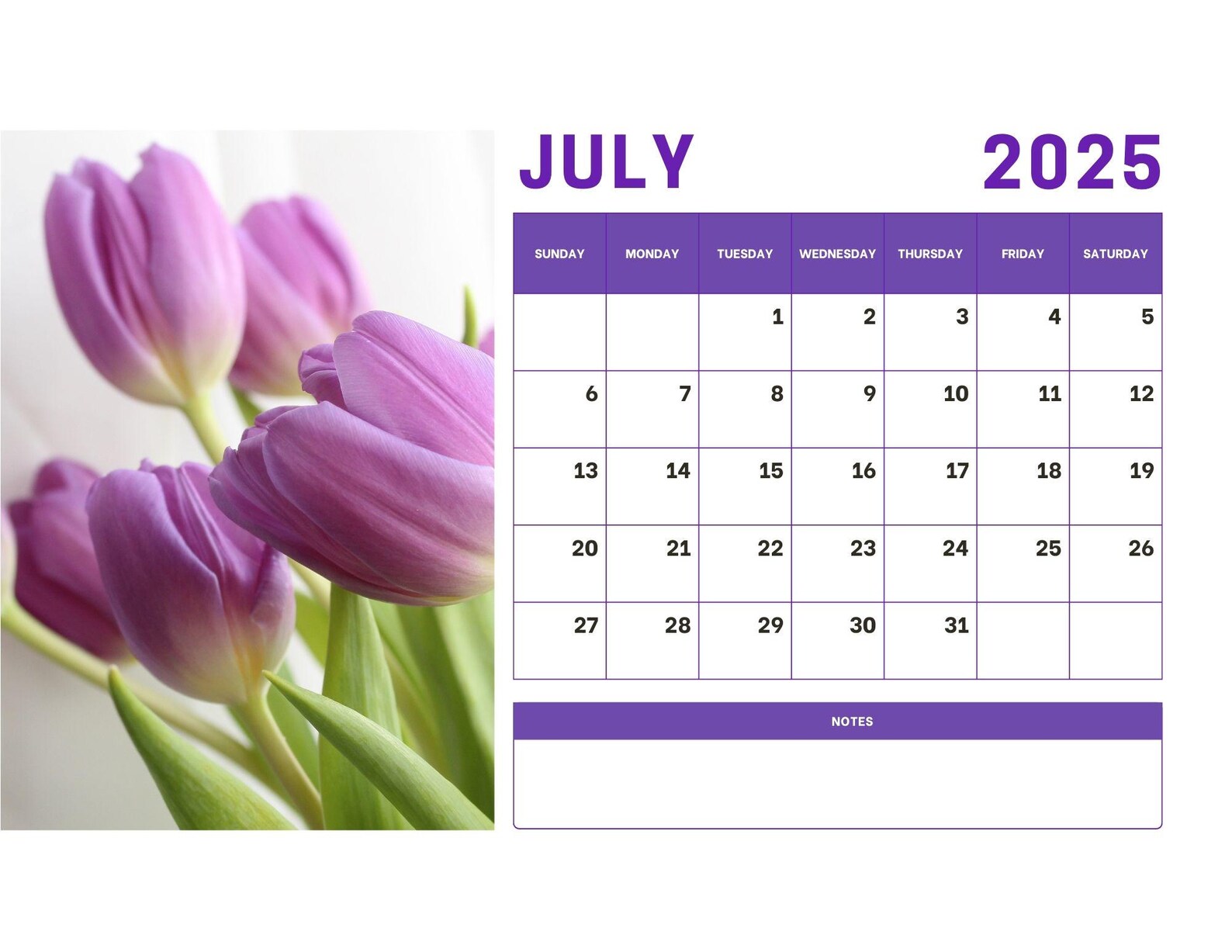 Tulips PRINTABLE Wall Calendar Monthly Desk Calendar Year Calendar ...