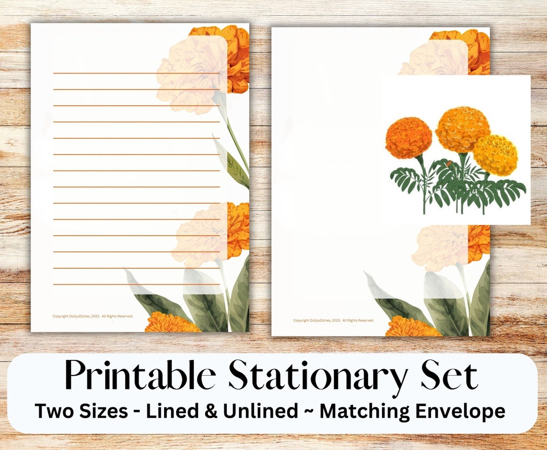 Marigold Printable Stationary Set With Envelope, Writing Paper, US ...
