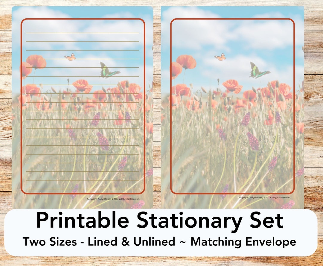 Poppy Printable Stationery Set With Envelope, Writing Paper, US Letter ...