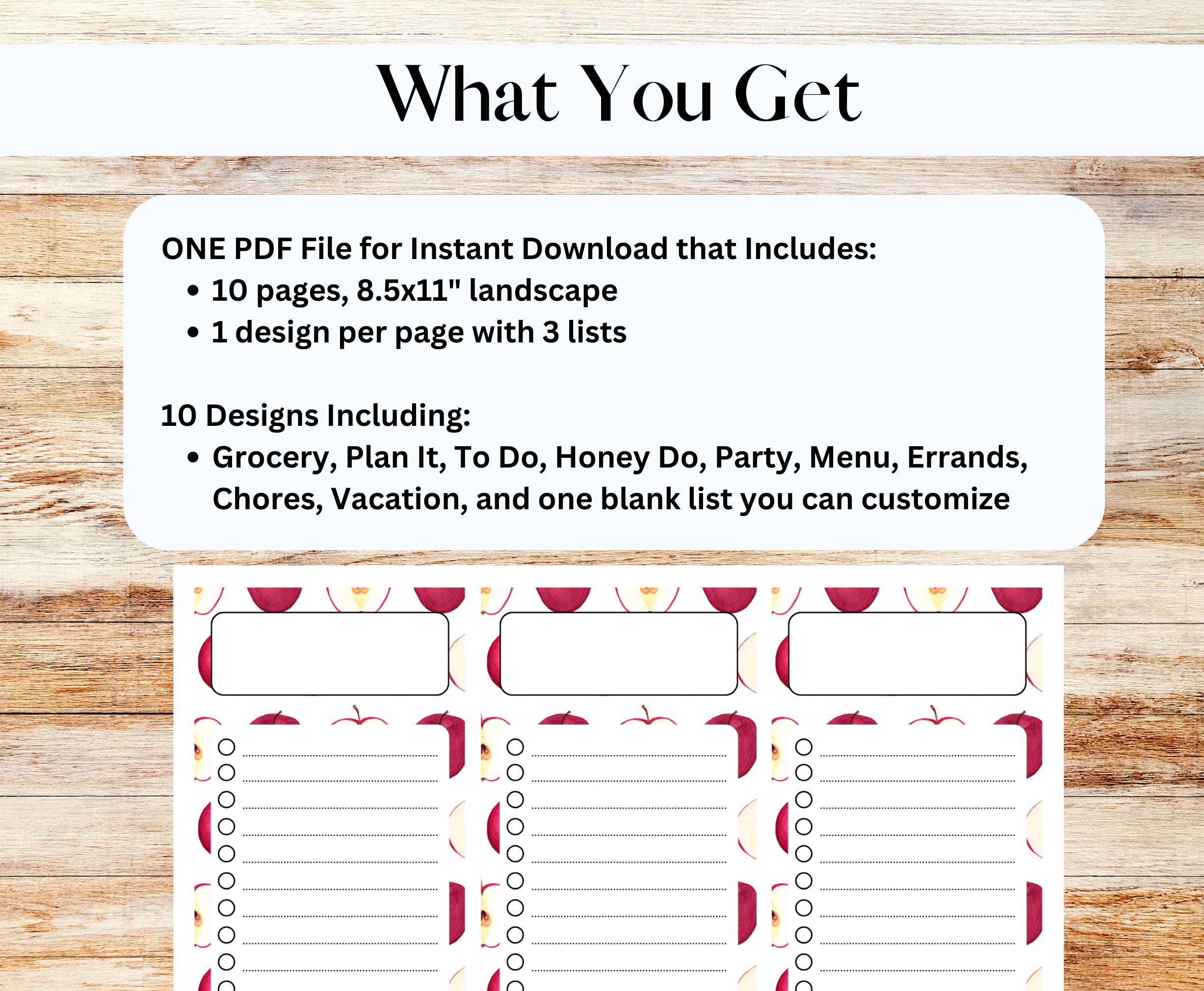 Apples PRINTABLE Lists, Grocery List, Shopping List, to Do List, Honey ...