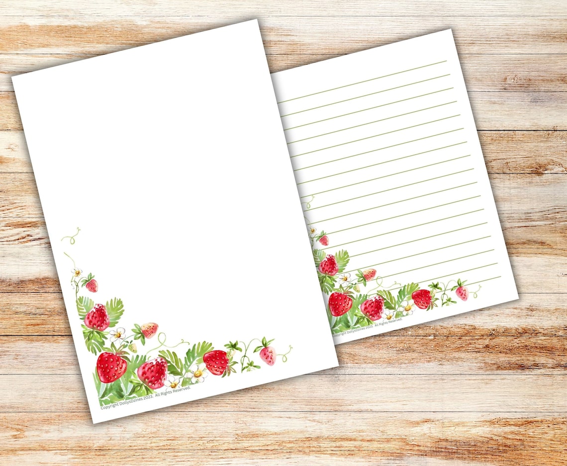 Strawberries Printable Stationary Set With Envelope, Writing Paper, US ...