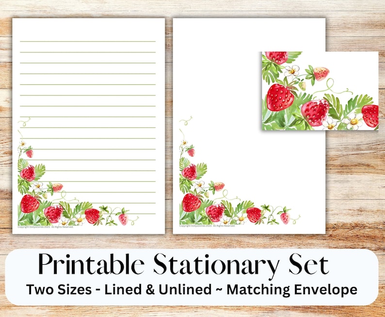 Strawberries Printable Stationary Set With Envelope, Writing Paper, US ...