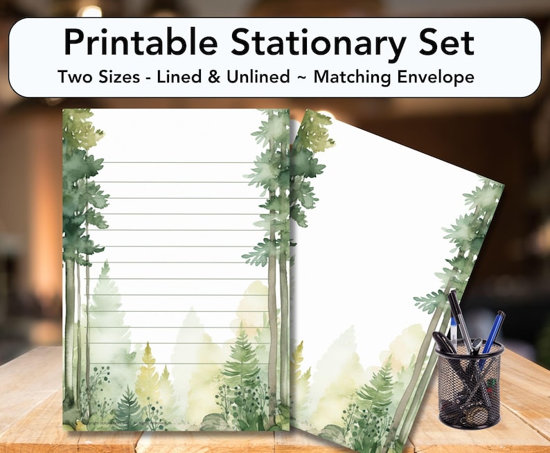 Forest Printable Stationary Set With Envelope, Writing Paper, US Letter ...