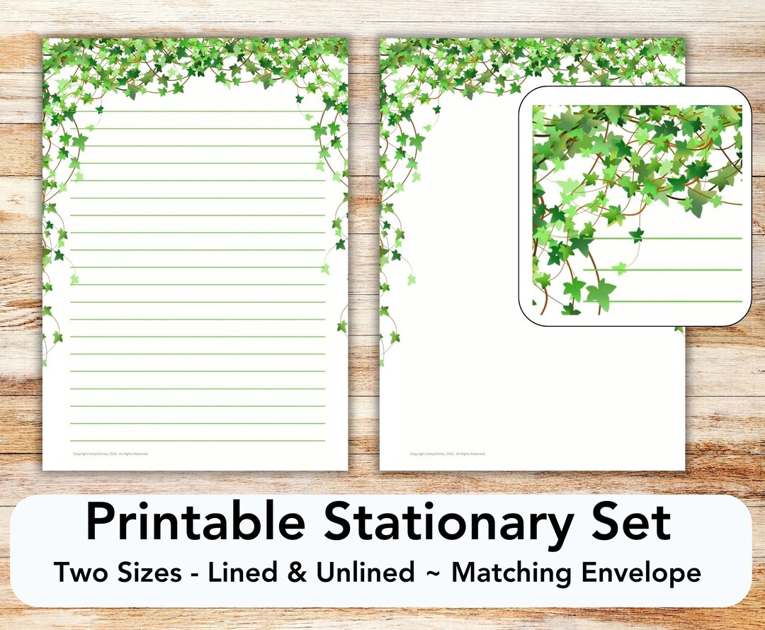 Ivy Printable Stationary Set With Envelope, Writing Paper, US Letter ...