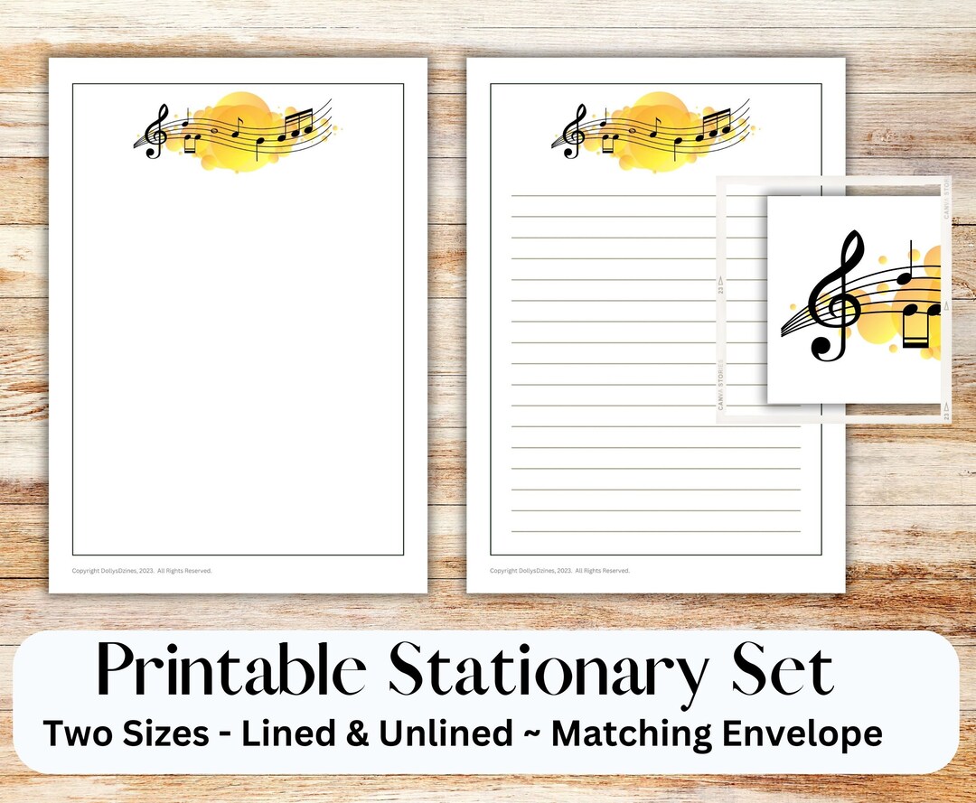 Music Printable Stationary Set With Envelope, Writing Paper, US Letter ...